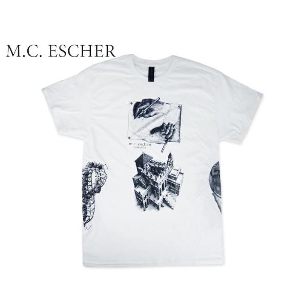 エッシャーの有名作品を幾つか組み合わせてプリント配置したTシャツ。よく知られたオランダの画家。平面を次々と変化するパターンで埋め尽くしたもの等、非常に独創的な作品を作り上げた。Mサイズ 着丈72cm 身幅49.5cm 肩幅46cmLサイズ ...