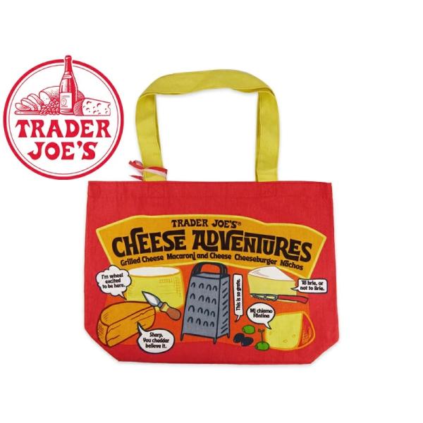 アメリカのオーガニックスーパーマーケットTRADER JOE'Sトレーダージョーズの布製エコバッグ CHEESE ADVENTUREバージョンです。片面にはTrader Joe’s Cheese Adventures、もう一方にはTrade...