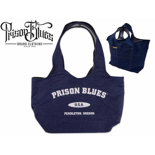 PRISON BLUESが得意とする重厚感のあるデニム生地を使用した無骨なグロサリーバッグ。外側にはポケットをデザインし、と反対面には代表的なロゴの一つでもあるバーシティロゴを2段プリン。シンプルな仕様ながら底面内側にはブランケットをデザイ...