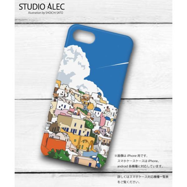 サントリーニ島の街並みのイラスト♪国内で使用出来る殆どの機種に対応しています。・製品はツヤ有り（コート）仕様となっています。・表面にのみプリントされています。側面と裏面（スマホ本体に装着する面）は白です。※iPhoneシリーズのみ透明ケース...
