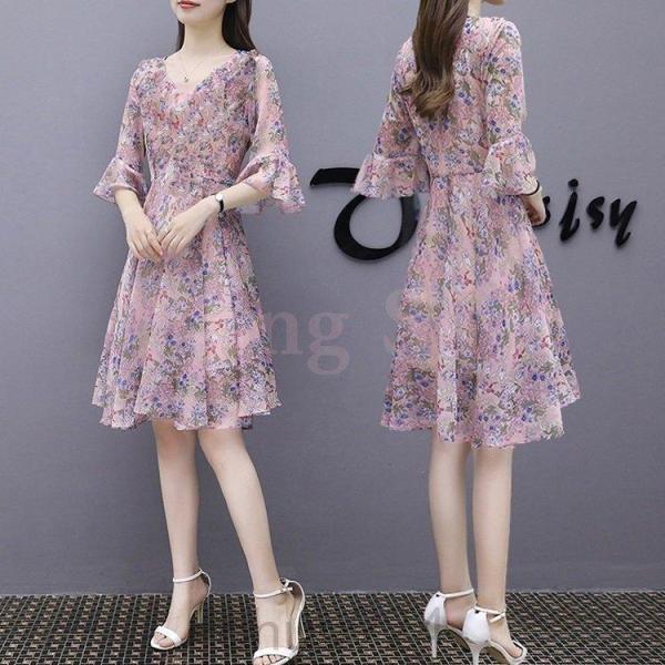 ワンピース レディース 夏 半袖 フレア袖 40代 30代 花柄ワンピース 膝丈ワンピース きれいめ 韓国風 オシャレ ゆったり 通勤ワンピース OL シフォンワンピース