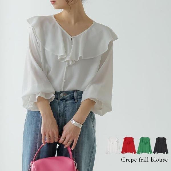 楊柳クレープビッグカラーブラウス※サイズ実寸(約cm) 【着丈/天幅/前下がり/肩幅/バスト/アームホール/袖丈/袖口/裾幅】M：64/18/16/38/106/25/58/23/63L：66/18.5/16.5/40/110/26/60/...