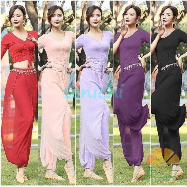 ベリーダンス衣装　社交ダンス衣装　レッスン着練習ウエア　セットアップ　内容：セットアップ（インナーパンツ付、チェーン付かない）サイズ：S着丈49　袖丈34　  バスト70-80　　肩幅31　 　パンツ丈90  ウエスト58-70 体重40-...