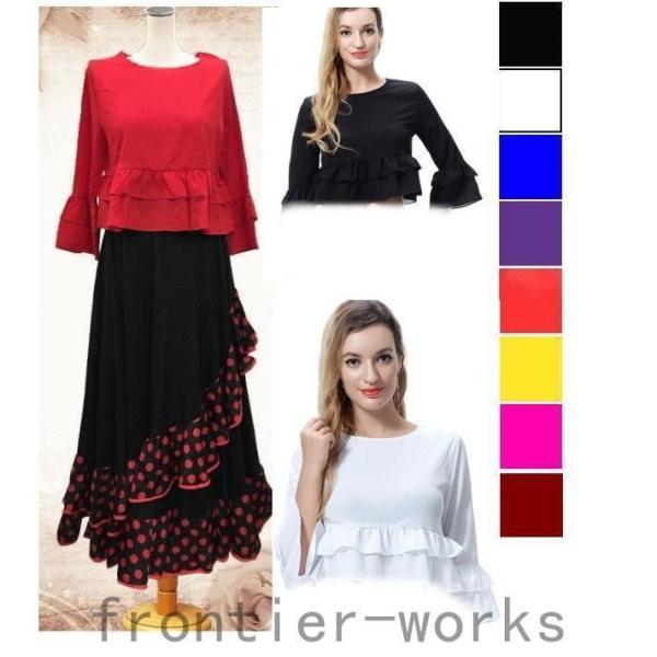 七分袖の２段フリルプルオーバー。薄手で軽やかで涼しく、レッスン着にも！シンプルなので取り入れやすく、着まわしやすいアイテム。インナーのカラーを変えると違った印象に♪※光にあてるとインナーが透けますので、キャミソールや見せブラ着用をおすすめし...