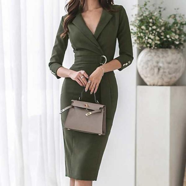 ワンピース レディース スーツワンピース カシュクールワンピース ミディアムワンピース ウエストベルト タイトワンピース スーツドレス 7分袖 ひざ丈 襟付き 無地 緑 モスグリーン オシャレ シンプル きちんと感 可愛い キレイめ 上品 ...