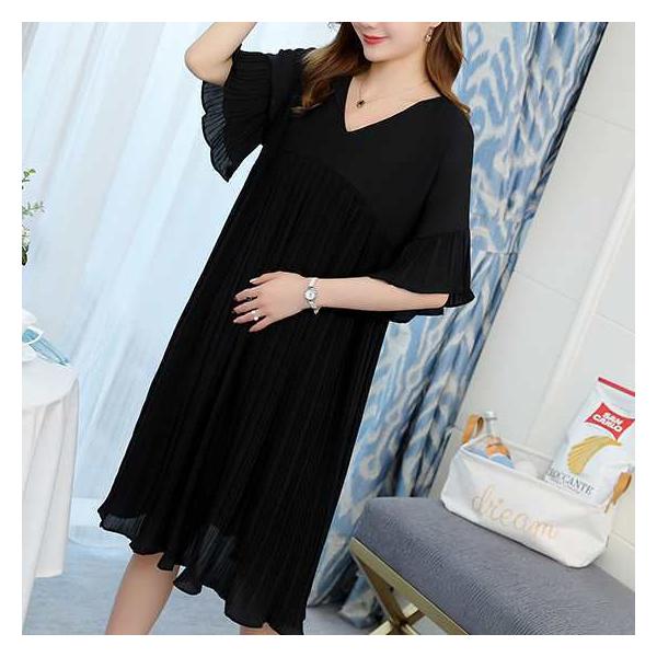 マタニティ ワンピース マタニティ ドレス 結婚式 お呼ばれ ワンピース プリーツ フレアワンピース 半袖 無地 大きいサイズ 3L 4L パーティー 二次会 秋 春 夏 黒 シンプル パーティードレス vネック 膝丈 妊婦服 産前 ブラッ...