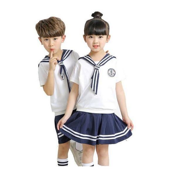 子供半袖セーラー風セットアップ幼稚園服団体服男の子女の子セーラー服マリン風ジュニア 入学式コスチューム夏シャツセット発表会舞台演出服卒業式夏半袖子供半袖セーラー風セットアップ幼稚園服キッズ ベビー マタニティ  新作サイズ: 90 100 ...