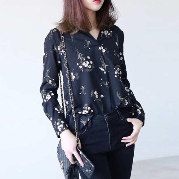 シャツ レディース 花柄シャツ スキッパーブラウス トップス ブラウス Vネック 長袖 半袖 5分袖 黒 ブラック 大人可愛い きれいめ 大人 上品 おしゃれ レトロ ガーリー クール モード系 エレガント フォーマル 春 夏 秋 冬 二次...
