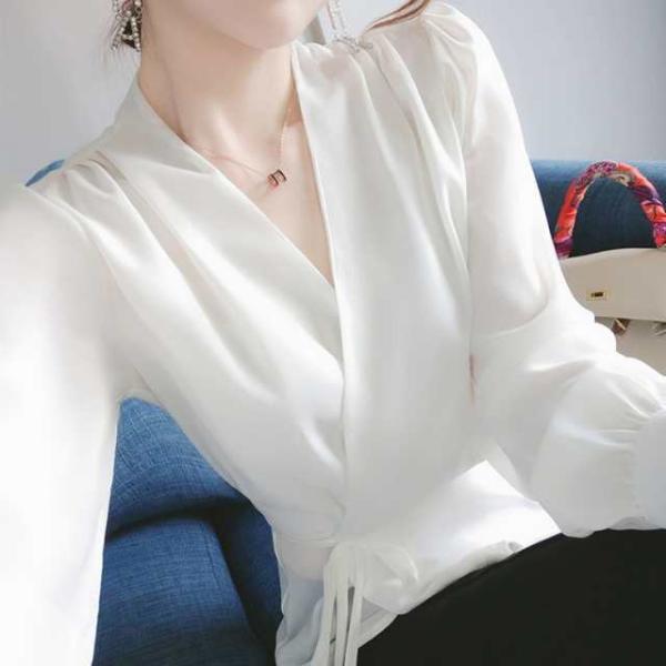 ブラウス トップス レディース カシュクールブラウス シャツ シフォンブラウス Vネック 長袖 ハイウエスト リボン シアーシャツ シフォン 無地 白 ホワイト オシャレ シアー シンプル 可愛い キレイめ 上品 フェミニン シック 知的 ...