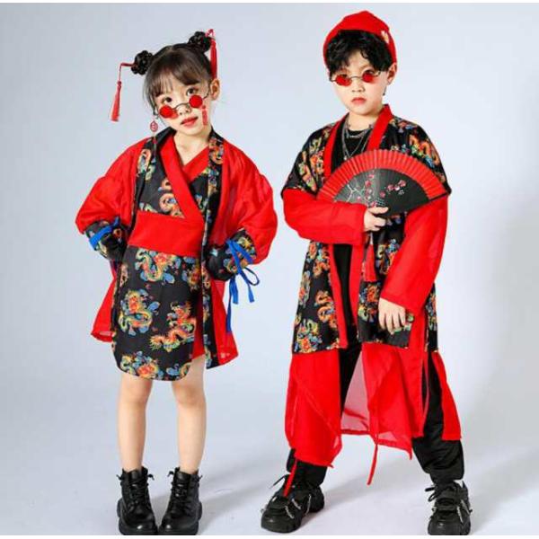中華風キッズダンス衣装 女の子男の子ジャズヒップホップダンス衣装龍柄羽織太極拳武術演出服舞台衣装団体服漢服中国古風舞台ダンス衣裳 ステージ演出子供hiphop jazz中華風キッズダンス衣装 女の子男の子ジスポーツ アウトドア  人気hor...