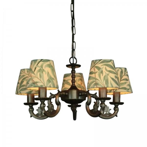 [商品説明]日本でも人気の高いウイリアムモリスの生地を使用し作成されたシャンデリアランプこちらは５灯用タイプとなります金属鋳物を使用した本体と組み合わせて製作致しましたMORRISの生地を張った布笠を通して広がる灯りはとても柔らかく癒されま...