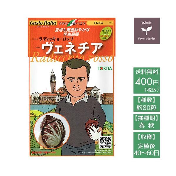 夏場も発色鮮やかな早生品種品種：ヴェネチアイタリア名：ラディッキョ・ロッソ・キオッジャ作物名：チコリー種数：80粒播種期：春・秋収穫までの目安：定植後　40〜60日