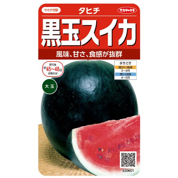 黒皮大玉スイカの超人気品種。病気に強くて作りやすく7〜8kgにもなります。果肉は鮮やかな紅赤色、糖度は約12度、日持ちと食味に優れています。