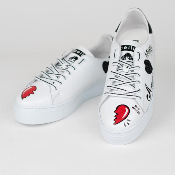 【商品名】Stefania Pellicci | ステファニア ペリーチ送料無料 イタリア製 痛くない 手書きペイント カジュアル 小さいサイズ 大きいサイズ かわいい おしゃれ ホワイト スパンコール ハート 本革 革 手書きペイント 白...