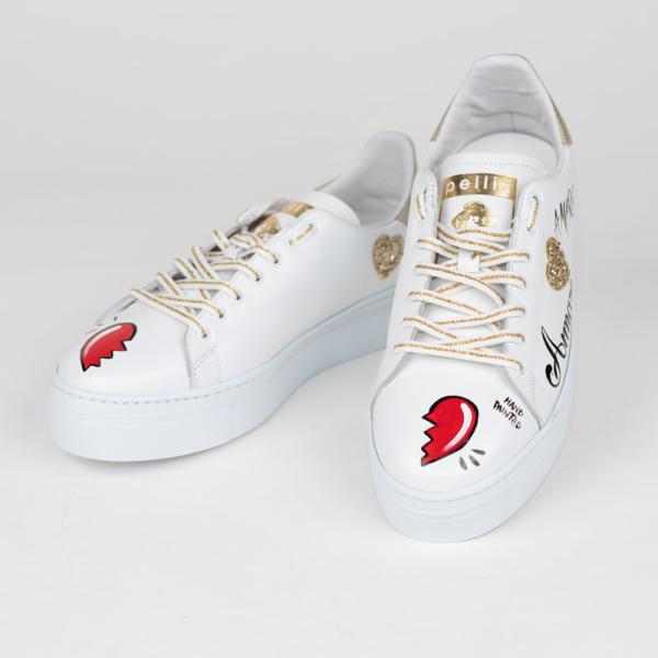 【商品名】Stefania Pellicci | ステファニア ペリーチ送料無料 イタリア製 痛くない 手書きペイント カジュアル 小さいサイズ 大きいサイズ かわいい おしゃれ ホワイト スパンコール ハート 本革 革 手書きペイント 白...