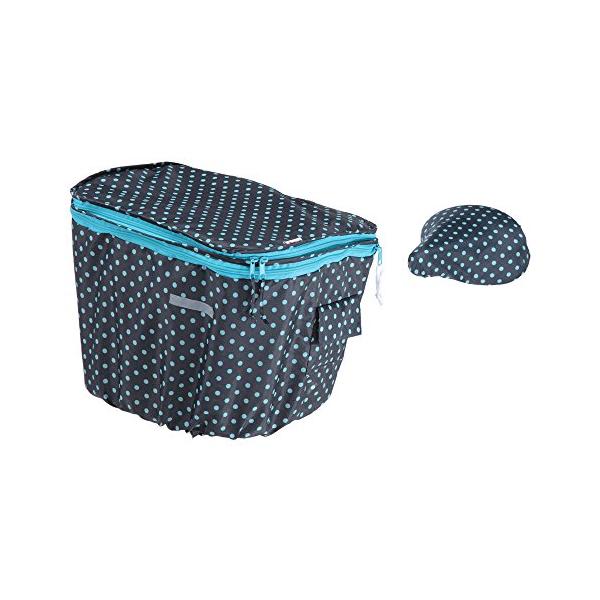 ブラック×ブルードット/通常サイズ/4986012110295・パッケージ個数:1・【2段式 水玉前カゴカバー ポケット付き】・サイズ:約幅39×長さ32×高さ30~49cm・本体重量:150g・素材・材質:ポリエステル・原産国:中国