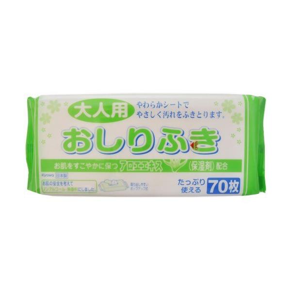 パッケージ個数:1・内容量:70枚・サイズ:約200*220mm・お肌をすこやかに保つアロエエキスを配合した大人のおしりふきです。