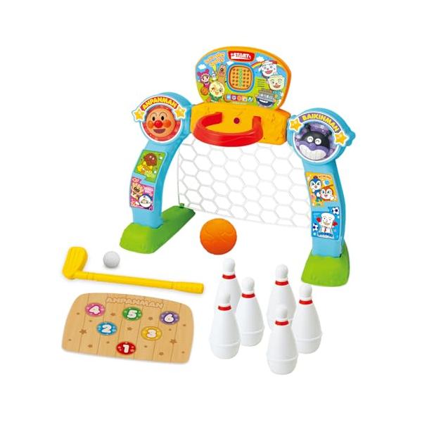 赤、緑/-/-・セット内容: 本体 脚パーツ×(アンパンマン、ばいきんまん) 土台(左、右) ゴルフカップ ネット リング ゴルフクラブ ゴルフボール ボール ボウリングピン×6 ボウリングシート(紙製)・電池使用: 単3電池×3本(別売り...
