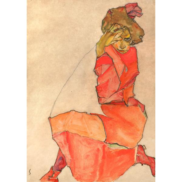 《作家名》エゴン・シーレ《作品名》Kneeling Female in Orange-Red Dress   【作品技法】・ジークレー技法複製画ポスター ・作品の色合いは弊社によるオリジナル色彩調整を行ない、彩度・コントラスト・明るさ等が豊...