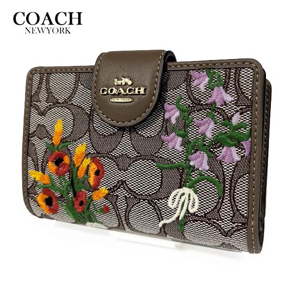 COACH コーチ アウトレット レディース 花柄 財布 二つ折り財布 ミディアム財布 Medium Corner Zip Wallet In Signature Jacquard With Floral Embroidery ミディアム ...