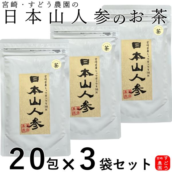 日本山人参茶/ヒュウガトウキ茶/日向当帰茶/神の草内容量：（２ｇ×20包）×3袋★只今10包サービス中！原材料：ヒュウガトウキ葉・茎賞味期限：別途商品ラベルに記載保存方法：直射日光、高温多湿を避け常温で保存してください。★お召し上がり方★1...