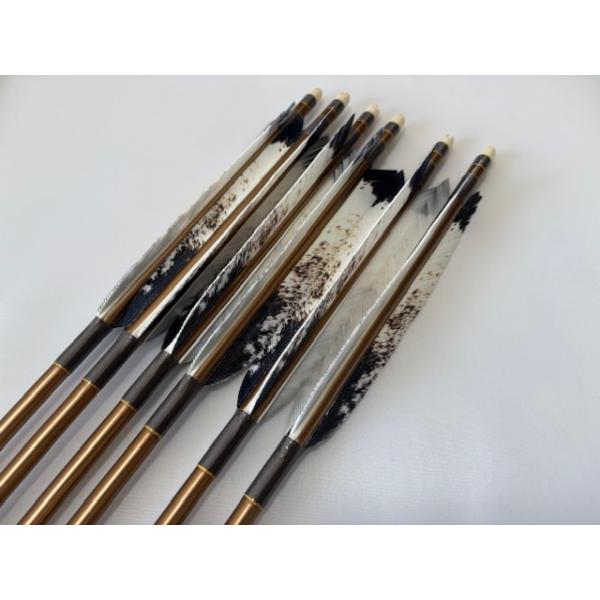 ジュラルミン矢「EASTON社」、６本セットです。ターキー（粕尾）矢です。・シャフトの太さ：２０１５・シャフトのカラー：ブロンズ・矢羽根の種類：ターキー・矢羽根の模様：粕尾・矧ぎ糸のカラー：濃グレー色・筈の色：白色ご希望の矢尺を記入のうえ注...