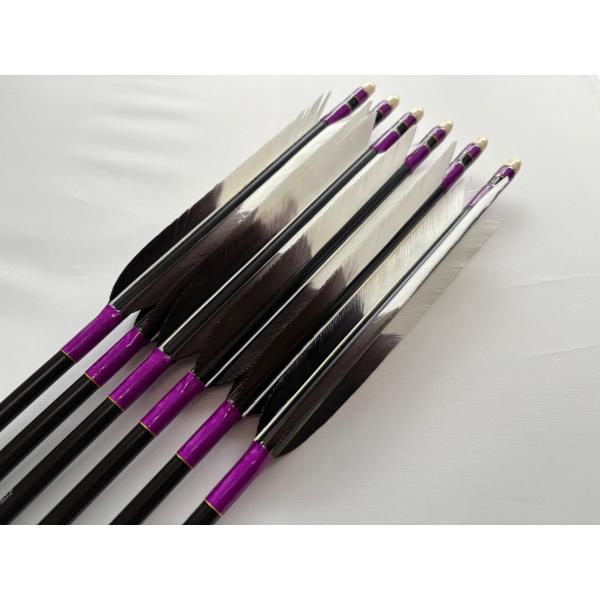 ジュラルミン矢「EASTON社」、６本セットです。ターキー（元白）矢です。・シャフトの太さ：２０１4・シャフトのカラー：ブラック・矢羽根の種類：ターキー・矢羽根の模様：元黒・矧ぎ糸のカラー：紫色・筈の色：白色ご希望の矢尺を記入のうえ注文して...