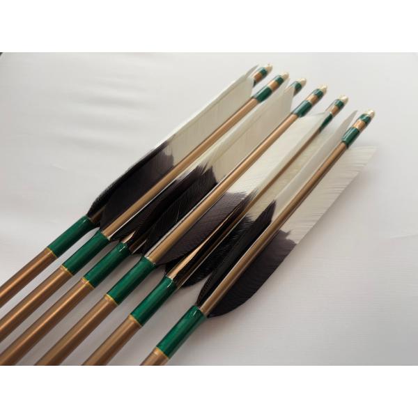 ジュラルミン矢「EASTON社」、６本セットです。ターキー（元黒）矢です。・シャフトの太さ：２０１５・シャフトのカラー：ブロンズ・矢羽根の種類：ターキー・矢羽根の模様：元黒・矧ぎ糸のカラー：緑色・筈の色：白色ご希望の矢尺を記入のうえ注文して...
