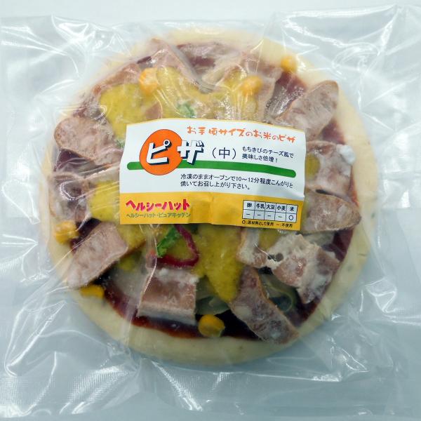 乳も卵も小麦も使わないピザです。冷凍のままオーブンで12〜14分焼いてお召し上がりください。直径約14cm。（冷凍配送商品）・発売元：ヘルシーハット・原材料：米粉(宮城県)、有機トマトピューレ、餅きび、トマトケチャップ、ホワイトソルガム粉、...