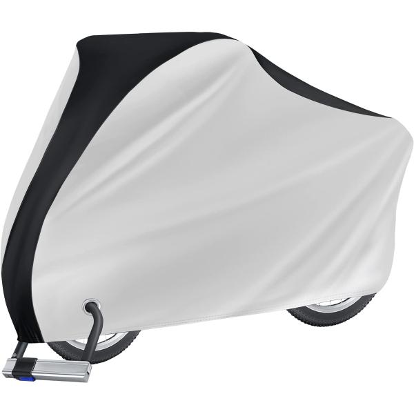 【大きめサイズ＆高い携帯性】：高級210Dオックスの生地を使用し、精密な二重縫製の破れにくい耐久性の高い自転車カバー。水圧レベル2000paに耐える高い防水効果に前後に伸縮性のゴムが付いているので雨よけだけでなく、風飛び防止もばっちりです。...