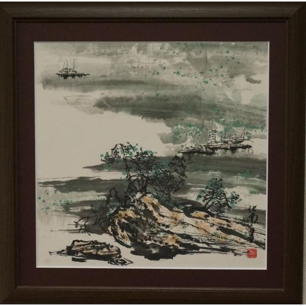 水墨画。肉筆絵画。本場中国の山水画。博化南作。日本の。漢詩の世界。インテリア絵画　インテリア小物。東洋絵画。本紙寸法：３４cm角。額装がかわるばあいがございます（相当品）。ご了承ください。