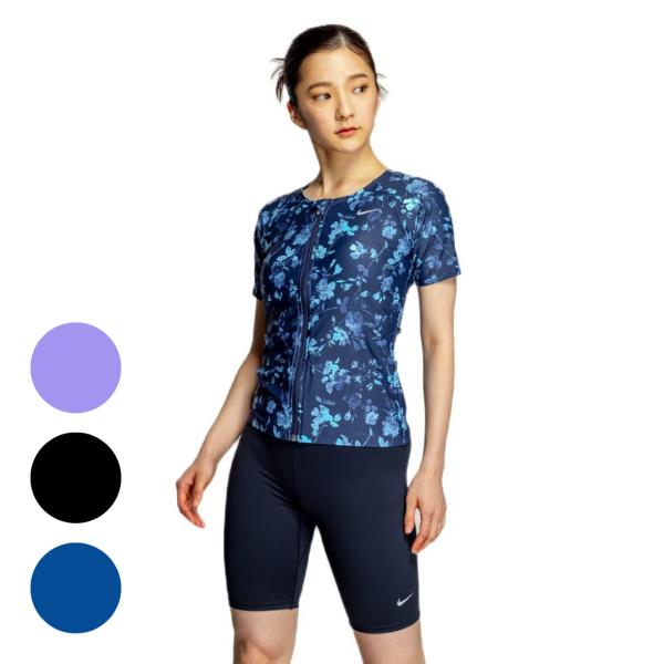 ●シックな花柄のプリントが洗練された印象を与えるNikeの総柄水着。袖が腕周りをすっきりカバー。トップスはジッパー付きで着脱が簡単、めくれ防止のスナップボタンでトップスとボトムスが留められる仕様。●ブラカップ付属。●ボトムスは裏地付き。