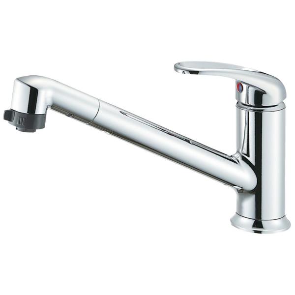 SAN-EI シングルワンホールスプレー混合栓■節水水栓■引き出しホース長さ1.1ｍ■シャワー・整流　切替■吐水口115°回転■取り付け穴径：35〜40■節湯B　17％削減■逆止弁