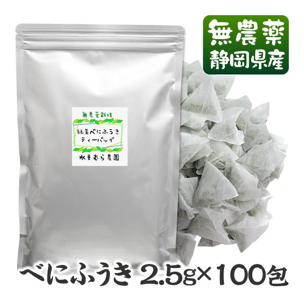 こちらの商品はその他商品との同梱不可。(その他商品ご注文の場合は送料別途かかります)栽培期間中、農薬、化学肥料不使用栽培です。名称　　　緑茶ティーバッグ原材料名　緑茶(べにふうき)原産地名　静岡県産内容量　　　2.5ｇ×100(三角ティーバ...