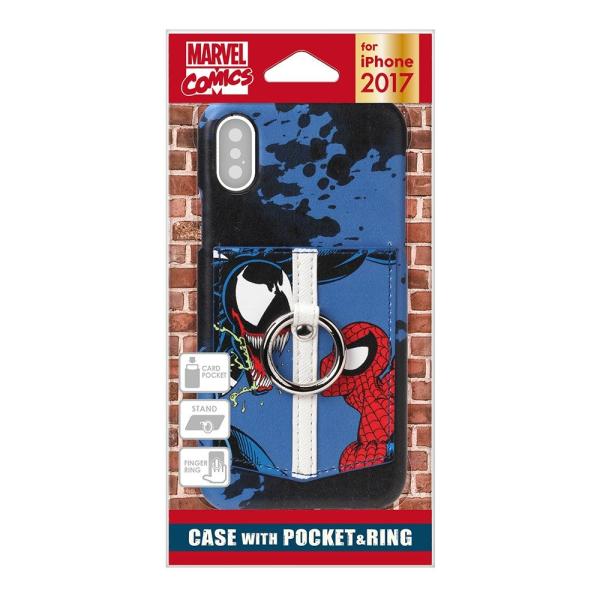 マーベルキャラクタースパイダーマン&amp;ヴェノム対応機種　iPhone X Xs 兼用 ポケット&amp;リング付きフィンガーケースです。背面にカードポケットとフィンガーリングがついていて機能的かつおしゃれなデザインです。材質　PUレザ...