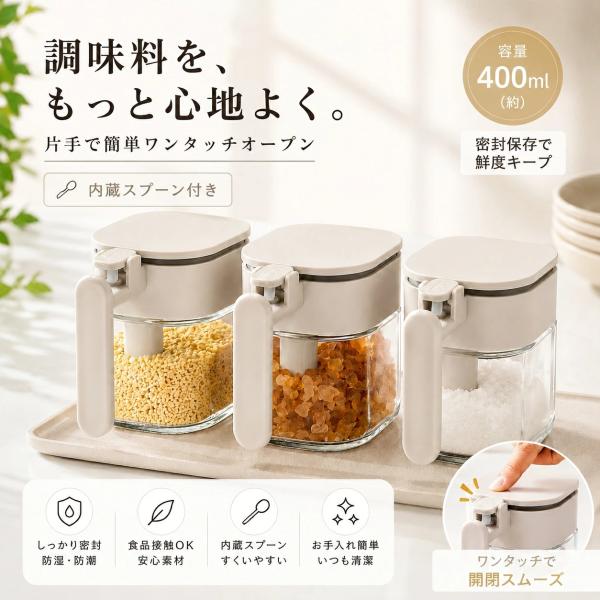 ■ご使用上の注意・本製品は調味料保存用です。液体の保存には適していません。・使用前に各パーツを確認し、汚れがある場合は洗浄してからご使用ください。・強い衝撃や落下は破損の原因となりますのでご注意ください。・火気の近くや高温になる場所での使用...