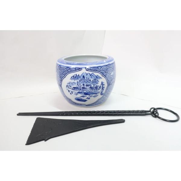 手火鉢セット　山水火鉢H10xW14cm　南部鉄火箸　灰ならしの3点セットお部屋の和風インテリアにどうぞ！