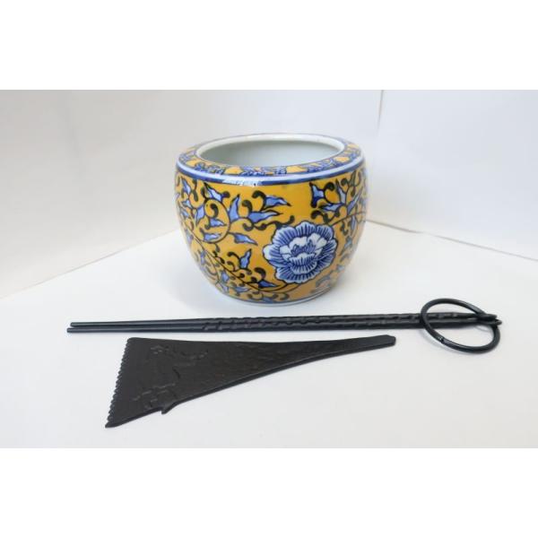 手火鉢　黄バラ火鉢Ｈ10cm×直14cm+南部鉄火箸、灰ならしの3点セット手火鉢セット販売