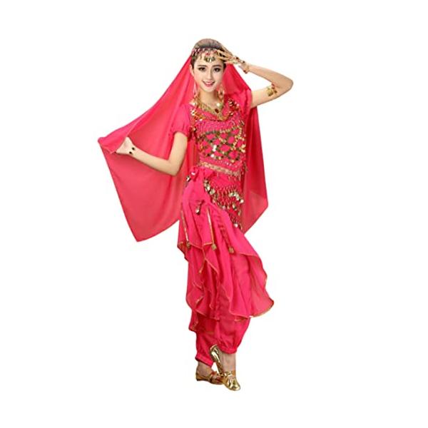 アクセサリー付きベール・トップス・アクセサリー付き腰巻スカーフ・パンツスカートの４点セットです。ハロウィンやパーティー、宴会や二次会など様々なイベントにぴったりの煌びやかなコスプレ衣装です。アクセサリー付きのキラキラした衣装で華やかさがあり...