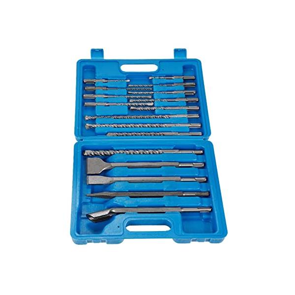 素材にクロム鋼を採用したドリルビットセットです。コンクリートから熱処理まで可能で作業の効率化が実現します。U字溝が特徴で駆動接触面積を拡大して回転力が効率良く刃先に伝導、削り屑を迅速に除去できます。電動ハンマー用チゼル：フラットチゼル、コー...