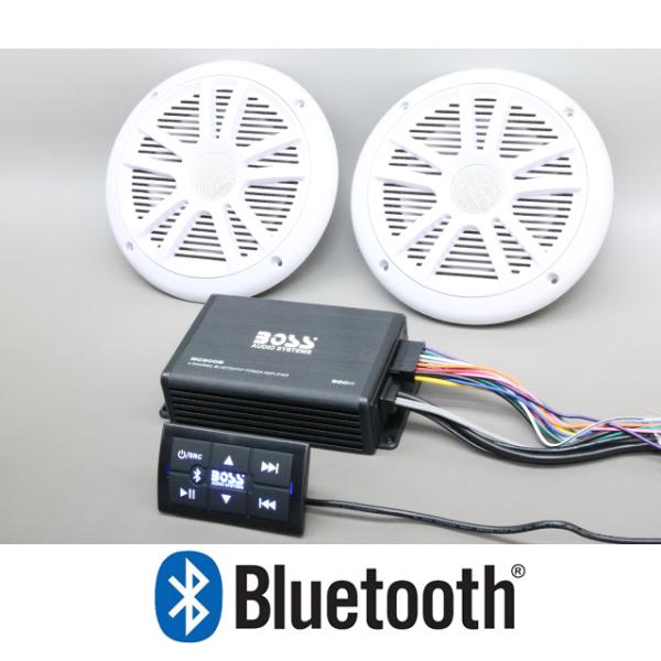 ■商品説明■・Bluetooth対応アンプコントローラー＋6.5インチ防水マリンスピーカーになります。・バギー・バイク・モーターボート・水上バイク・スノーモービル等にお勧めです。・RCA出力付きですので外部アンプ(パワーアンプ)などにも接続...