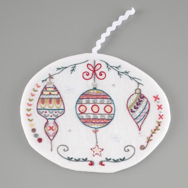 クリスマスオーナメントにぴったりのキットが登場です。キラキラしたボール型のオーナメントがモチーフになっています。紐もついていますので、ドアや窓辺に飾って楽しめます。【内容物】　日本語訳解説書、フランス語解説書、使用糸カラーチャート、下絵印刷...