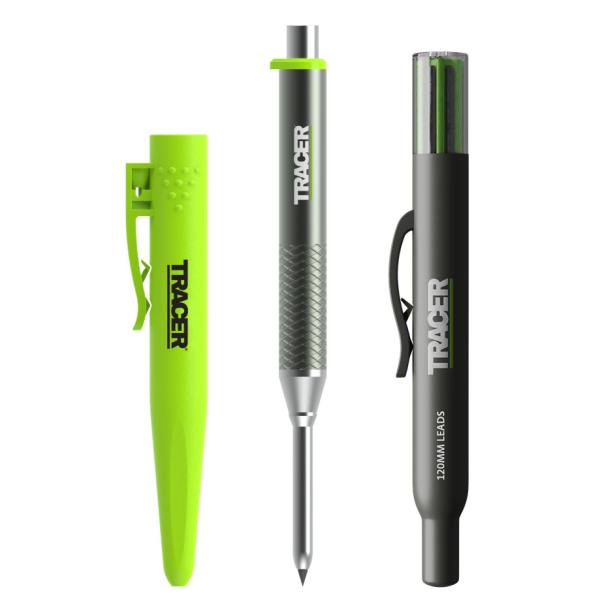 建設、現場などのプロフェッショナル用に設計されDIYにも最適な、TRACER PROアルミ製ディープホールシャープペンシル＆替え芯のセットアルミディープホールシャープペンシル：・高品質なアルミボディを採用し、ペンシルエンドは転がり防止仕様・...