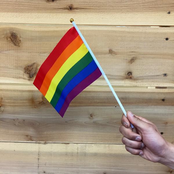 ■商品説明ミニサイズのレインボー手旗。      スティック付きなので、パレードやイベント時に使用したり、机の上に飾ったりできます。            ・素材：ポリエステル（旗）、プラスチック（旗棒）      ・旗の大きさ：横約19c...