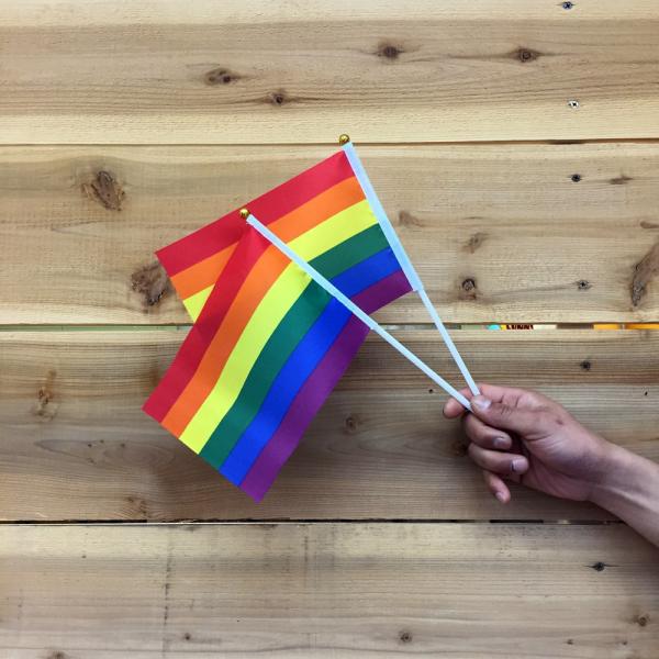 ■商品説明ミニサイズのレインボー手旗、2本セット。      スティック付きなので、パレードやイベント時に使用したり、机の上に飾ったりできます。            ・素材：ポリエステル（旗）、プラスチック（旗棒）      ・旗の大きさ...