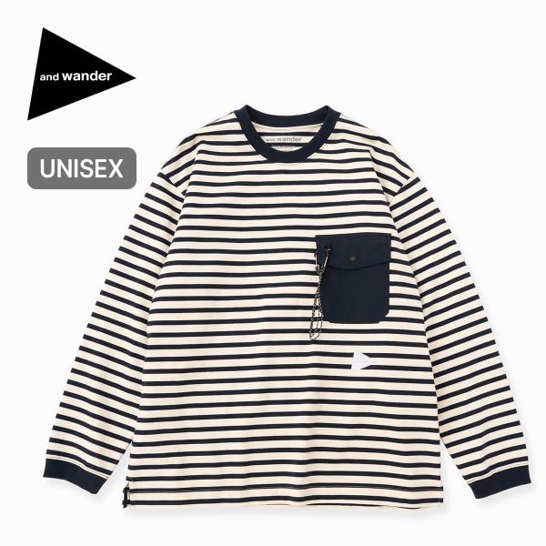ボーダー素材を使用した、カラビナ付き胸ポケットがアクセントのロングスリーブシャツ■ブランド名：and wander ■商品名：ストライプポケットLS T ■商品型番：5746184077 ■カラー：ネイビー【5746184077-120】 ...