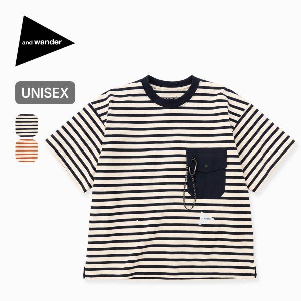 しっかりした厚みと、ゆとりあるシルエットが嬉しいポケット付きTシャツ■ブランド名：and wander ■商品名：ストライプポケットSS T ■商品型番：5746184310 ■カラー：ネイビー【5746184310-120】,オレンジ【5...