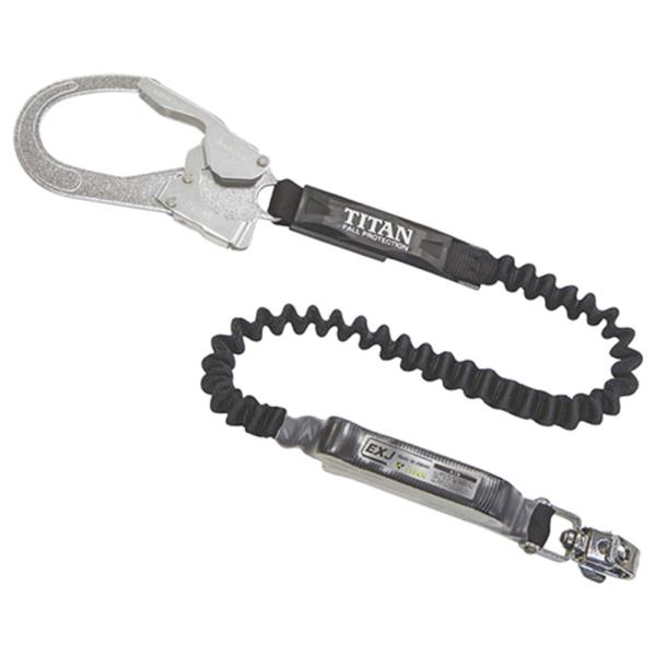 軽量で使いやすく、作業姿勢に応じて伸縮するシングルランヤードです。フルハーネス用ランヤード。軽量な伸縮式ランヤードです。●ストラップ：ゴム芯入りポリエステル被覆(ブラック)。●全長：約1600mm(ストラップ収縮時約1100mm)。●幅：約...