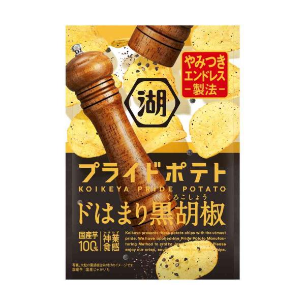 湖池屋の人気シリーズ「プライドポテト」から、黒胡椒の刺激がクセになるフレーバー。じゃがいも本来の旨みを活かした厚切りポテトに、粗挽き黒胡椒を効かせた、スパイシーでやみつきになる味わいです。黒胡椒の香りとキレのある辛味が口いっぱいに広がり、食...