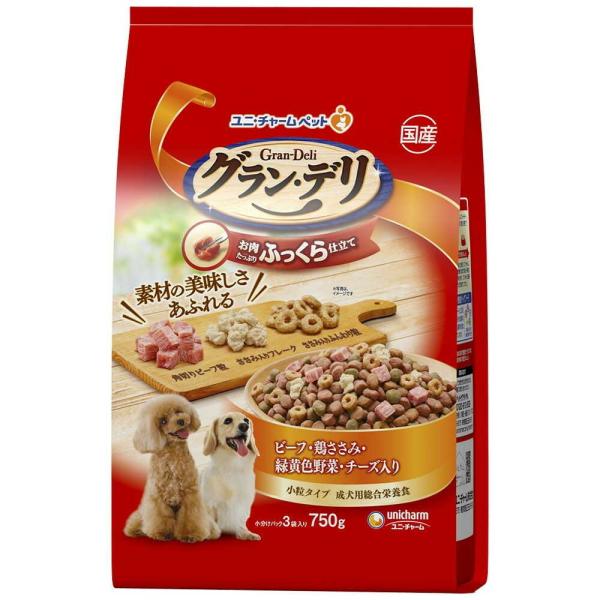 ・国産のお肉たっぷり、美味しいふっくら仕立てのグルメフード・角切りビーフ粒・ささみ入りふんわり粒・ささみ入り大豆フレーク入り・栄養素をバランス良く摂取できる総合栄養食・健康維持に必要なオメガ6＆3脂肪酸をバランス良く調整